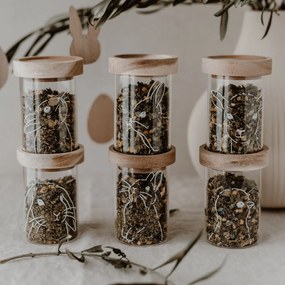 Eulenschnitt Skleněná dóza s víkem Mini Glass/Oak Easter – set 6 ks, čirá barva, přírodní barva, sklo, dřevo