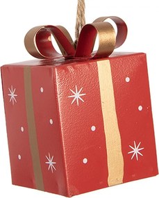 Červená kovová závěsná dekorace dárek - 5*5*8 cm