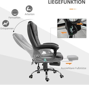 Kancelářská židle Vinsetto s masážní a vyhřívací funkcí, ergonomická, 6 masážních bodů, podnožka, dálkové ovládání, polyester, 65 x 160 x 104 cm, šedá