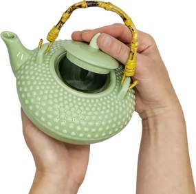 Porcelánová čajová souprava Tanaka pro 4, 600 ml – jadeitově zelená s reliéfem