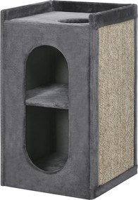 Škrabací sud PawHut se 2 jeskyněmi pro kočky a 2 úrovněmi, lehací plocha se sisalovou škrabací podložkou, plyšový design 45x45x81 cm tmavě šedý pro m…