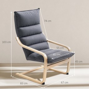 HOMCOM Moderní Relaxační Křeslo s Vysokým Hrnkem, Područkami, Dřevěnými Nohami, Sametovou Čalouněním pro Ložnici a Obývací Pokoj Šedá