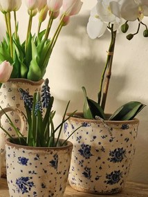 Béžový keramický obal na květináč s modrými růžemi Blue Rose L - Ø 16*16 cm