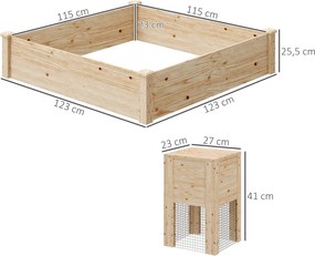 Outsunny Dřevěný Truhlík, venkovní čtvercový vyvýšený zahradní záhon s kompostérem, otevřený design, květinový záhon pro zeleninu a květiny na zahradě
