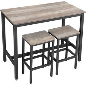 Barový stůl se 2 barovými židlemi, ocelový rám, šedá a černá barva
