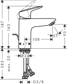 Hansgrohe Logis, páková umyvadlová baterie 100 LowFlow s odtokovou soupravou s táhlem, chromová, HAN-71104000