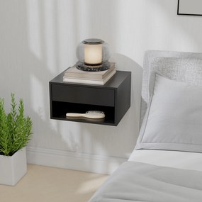 HOMCOM sada 2 nástěnných nočních stolků — plovoucí stolky s šuplíkem a policí, černé, 37 × 32 × 21 cm