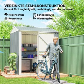 Outsunny kovový zahradní domek na nářadí 3,5 m² – vysoký uzamykatelný zahradní domek se štítnou střechou, větráním a rukavicemi v balení, 209 x 177 x…