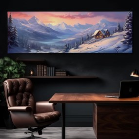 Obraz na plátně - Zimní krajina s horami a chatou FeelHappy.cz Velikost obrazu: 180 x 60 cm
