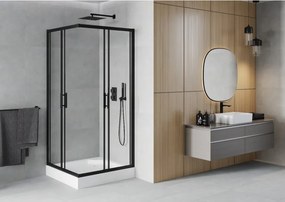 Mexen Rio, čtvercový sprchový kout 90 x 90 cm, 6mm čiré sklo, černý profil + bílá sprchová vanička RIO, 860-090-090-70-00-4510