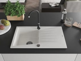 Mexen Cesar, granitový dřez 775x470x190 mm, 1-komorový, bílá s černým sifonem, 6514771010-20-B