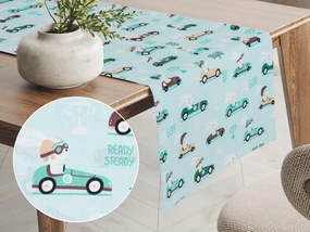 Biante Dětský bavlněný běhoun na stůl Sandra SA-375 Zaječí automobilové závody na mintovém 20x180 cm