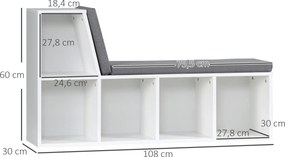 HOMCOM 2-in-1 úložná lavice s 5 přihrádkami a 2 polštářky, knihovna 108 x 30 x 60 cm, bílá šedá