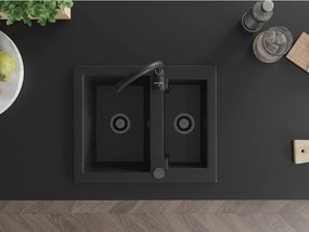 Mexen Carlos, granitový dřez 582x475x177 mm, 1,5-komorový, černá s černým sifonem, 6518581500-77-B