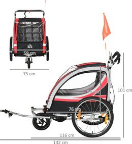 Dětský přívěs na kolo HOMCOM 2 v 1 s odpružením, síťovanými dvířky, předním kolem otočným o 360° a brzdou, červeno-černý, 142x75x101cm