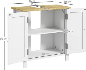 Kleankin Koupelnová Skříňka Pod Dřez s Podstavcem a 2 Dvířky, 2 Úchyty a Nastavitelnou Policí bez Dřezu 60x30x60 cm Bílá