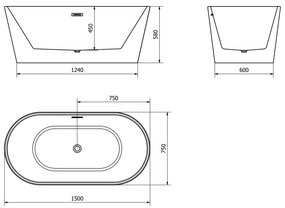 Mexen Luna, volně stojící vana 150 x 75 cm, bílá-černá, broušená ocel přepad, 52031507575-97