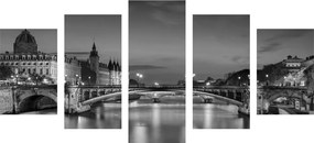 5-dílný obraz oslňující panorama Paříže v černobílém provedení