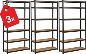 Akce 3x Regál 220x90x60 cm lakovaný 6-policový, nosnost 1050 kg - černý