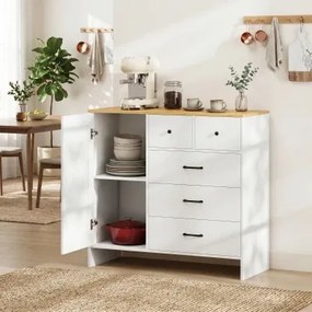 HOMCOM kuchyňský bufet, úložný nábytek s 5 zásuvkami a dvířky, rustikální styl, 100 x 40 x 94 cm, bílý