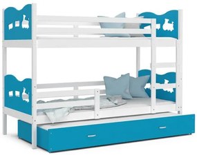DOBRESNY Dětská patrová postel MAX 3 80x190 cm s bílou konstrukcí v modré barvě s vláčekm