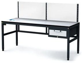 Alfa 3 Antistatický dílenský ESD stůl s perfopanelem, 1 zásuvkový box na nářadí, 1800x800x745-985 mm