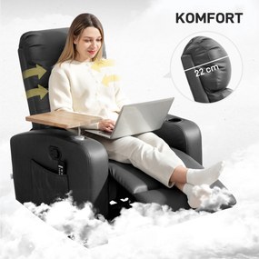 HOMCOM Masážní křeslo, relaxační křeslo, polohovací křeslo, 1 sklápěcí stůl, 1 podnožka; 77 cm x 93 cm x 105 cm, Černá