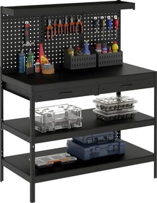 HOMCOM pracovní stůl s perforovanou deskou — robustní pracovní stanice se 2 zásuvkami a 2 nastavitelnými policemi, nosnost 272 kg, 122 × 61 × 156 cm,