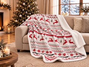Vánoční bílá beránková deka z mikroplyše RETRO CHRISTMAS Rozměr: 200 x 220 cm