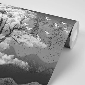 Samolepící tapeta černobílý strom zalitý oblaky
