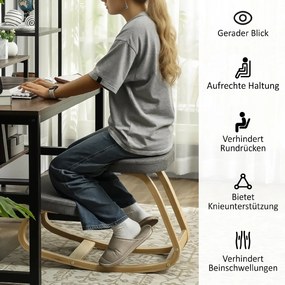 HOMCOM Klaněcí Židle, Ergonomická Houpací Dřevěná Klaněcí Židle pro Domácí Kancelář, Zlepšuje Držení Těla, Bolesti Zad, Šedá