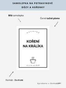 Samolepka na kořenky KOŘENÍ NA KRÁLÍKA bílá 3 × 4 cm tučné písmo