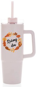 KRÁSNÝ DEN (PODZIM) - růžový cestovní termohrnek s průhledným víčkem 900 ml