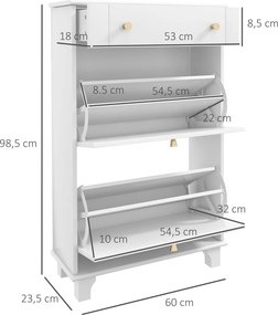 HOMCOM Úzký Botník do Předsíně se 2 Sklápěcími Zásuvkami a 1 Vyndavací Zásuvkou pro 8 Párů Bot 60x23,5x98,5 cm Bílý