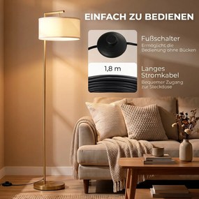 HOMCOM Stojací lampa s paticí E27 Stojací lampa do obývacího pokoje ložnice kancelář, kov ocel plátno zlatá bílá 47x37x153 cm | Aosom.de