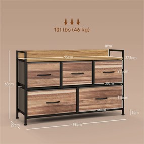 HOMCOM Komoda se 5 textilními zásuvkami 98 x 29 x 63 cm, černý ocelový rám | Aosom