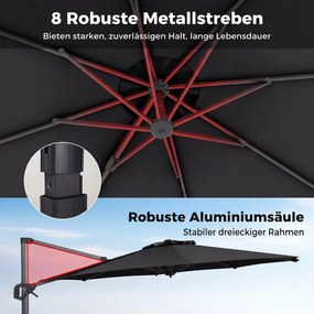 Costway Konzolový deštník Ø 300 cm 360° Otočný klikou a nožním pedálem, šedá