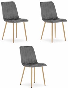 Set tří jídelních židlí LAVA sametové šedé / dřevěné nohy (3 ks)