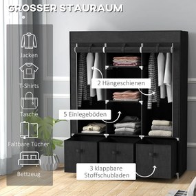 HOMCOM Textilní Skříň s Oblečovým Rálem, Zásuvkami a Zipem, Skládací Skříň pro Ložnici a Šatnu, 125 x 43 x 162,5 cm, Černá