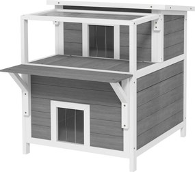 PawHut kočičí jeskyně, kočičí bouda z jedlového dřeva, kočičí domek s balkonem, vchody, pro kočky do 5 kg, venkovní, 64 x 87 x 76 cm, světle šedá