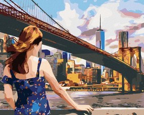 Malování podle čísel žena u brooklyn bridge v new yorku, 80x100 cm, bez rámu a bez vypnutí plátna