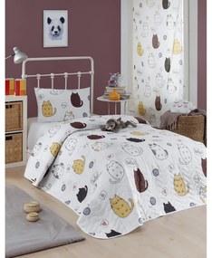 Set přehozu přes postel a povlaku na polštář s příměsí bavlny Eponj Home Hello Cats White, 160 x 220 cm