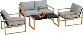 Outsunny 4-dílná zahradní lounge sada z hliníku, nábytek se 2-místnou venkovní pohovkou, 2 křesly a skleněným odkládacím stolem s odnímatelnými polstr
