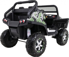 Ramiz Mercedes Benz Unimog elektrické autíčko pro děti maskáčové + pohon 4x4 + dálkové ovládání + nosič zavazadel + pomalý start + rádio MP3 + LED