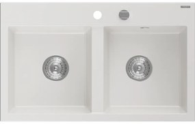 Mexen Hektor dřez žulový 2-komorový 800 x 480 mm, bílý, sifon chrom - 6521802000-20