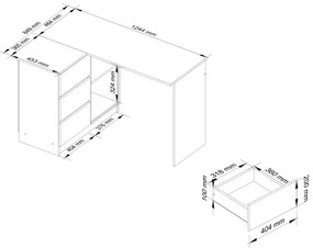 Rohový kancelářský stůl B16 124 cm levý, bílý / bílý lesk