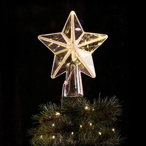 LED svítící hvězda na stromeček, 18 × 22 × 6,5 cm skleněná, teple bílá, 20 diod, 2× AAA