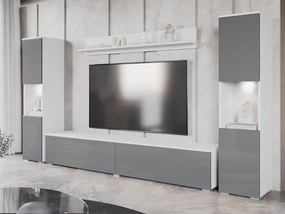 Obývací stěna Bamisio XL, Barva: bílá + šedý lesk, Osvětlení: osvětlení LED - bílé