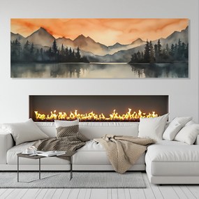 Obraz na plátně - Klidná hladina, lesy, hory a oranžové nebe FeelHappy.cz Velikost obrazu: 210 x 70 cm