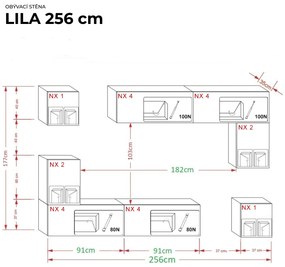 Ral Obývací stěna LILA 6, 256 cm - Černo/bílý lesk